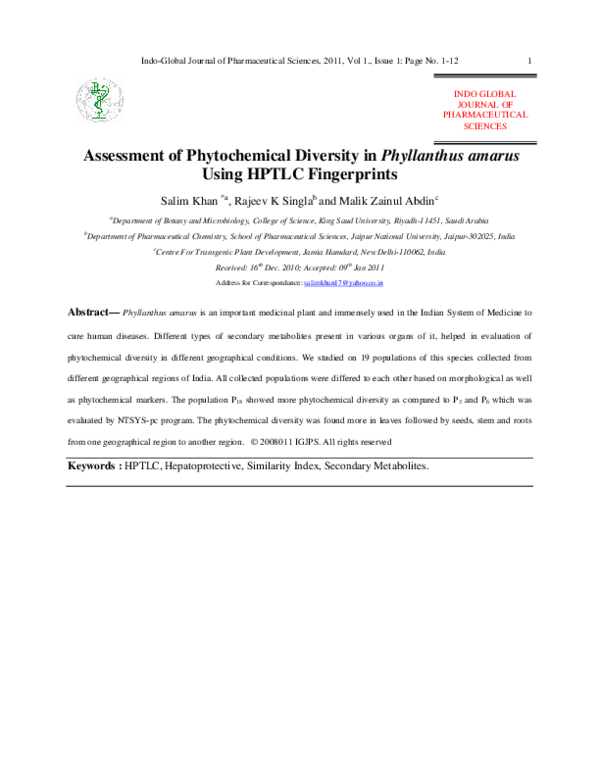 (PDF) Assessment of Phytochemical Diversity in Phyllanthus amarus Using HPTLC Fingerprints