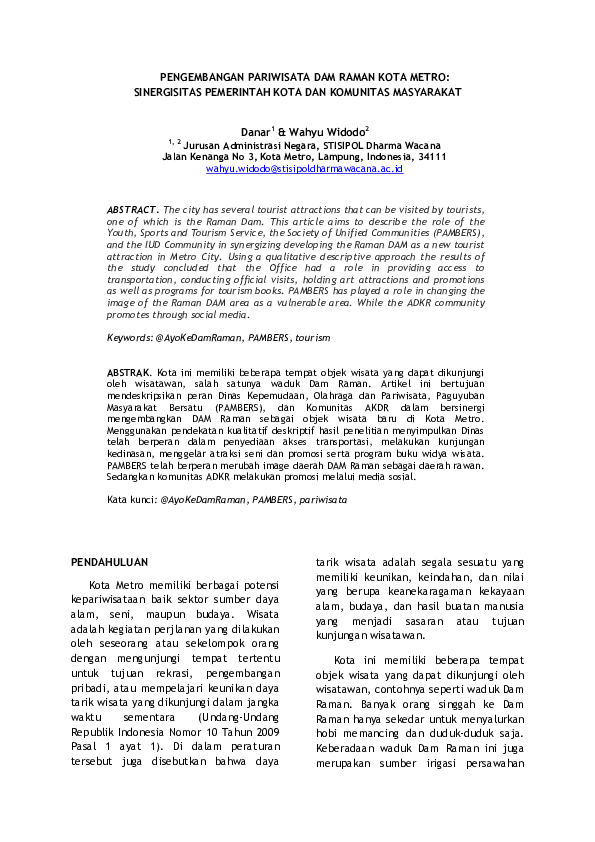 (PDF) Pengembangan Pariwisata Dam Raman Kota Metro: Sinergisitas ...