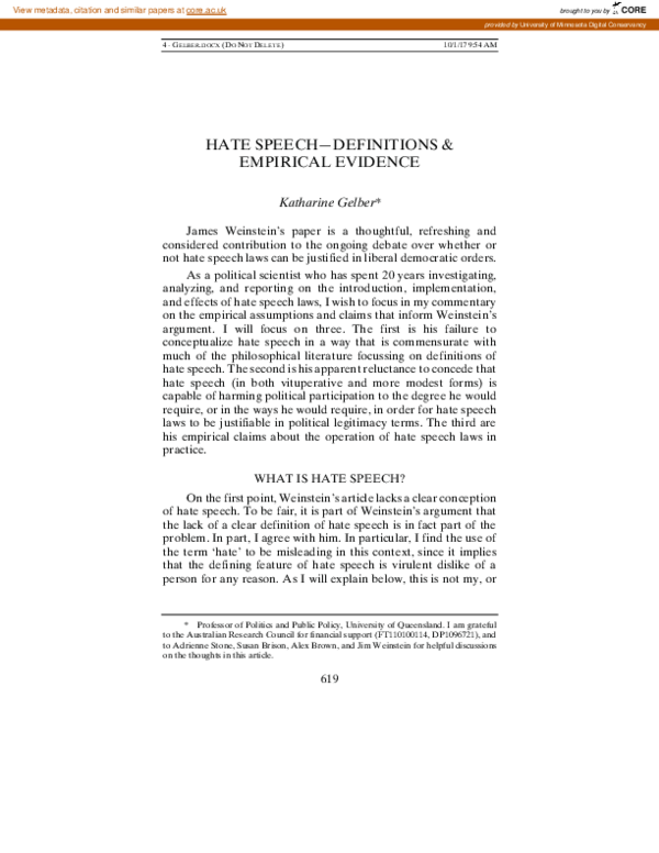 (PDF) Hate Speech - Definitions & Empirical Evidence