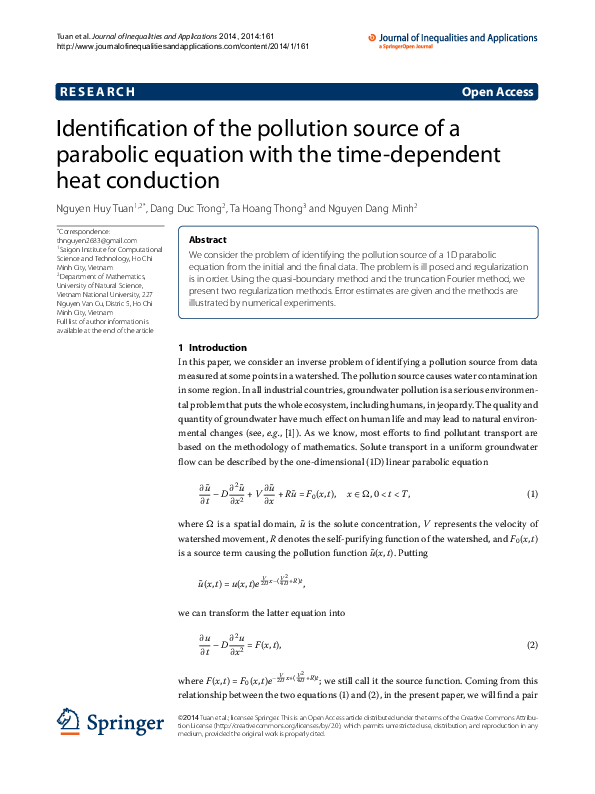 Pdf Identification Of The Pollution Source Of A Parabolic Equation With The Time Dependent