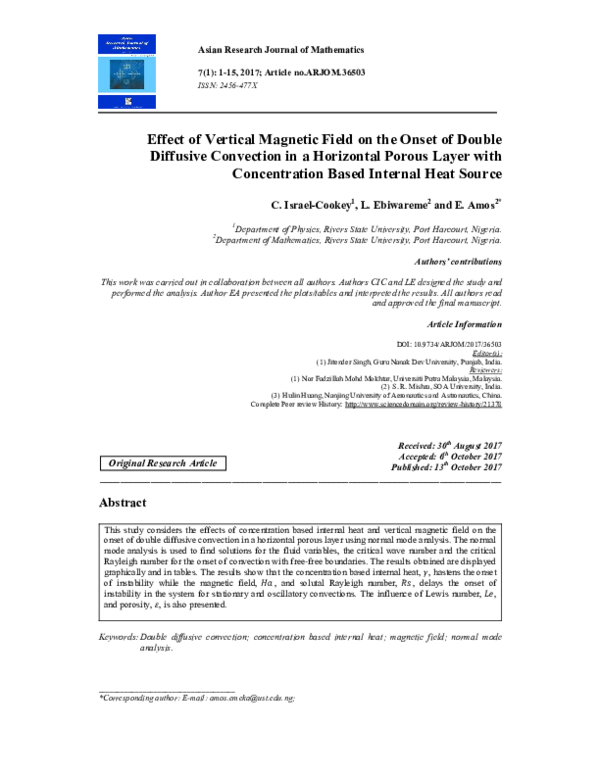 (PDF) Effect of Vertical Magnetic Field on the Onset of Double Diffusive Convection in a ...