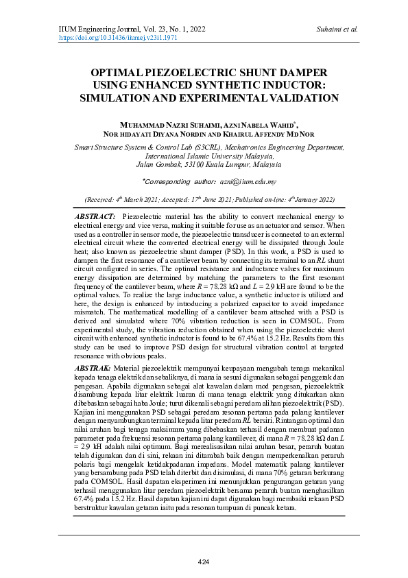 (PDF) Optimal Piezoelectric Shunt Damper Using Enhanced Synthetic Inductor: Simulation and ...