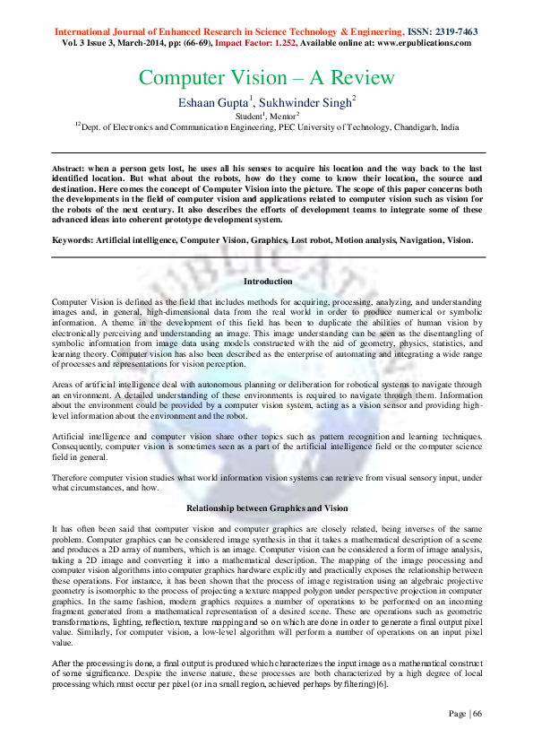 (PDF) Computer Vision - A Review