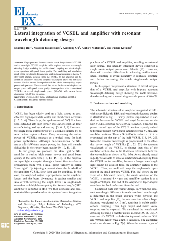 (PDF) Lateral integration of VCSEL and amplifier with resonant ...