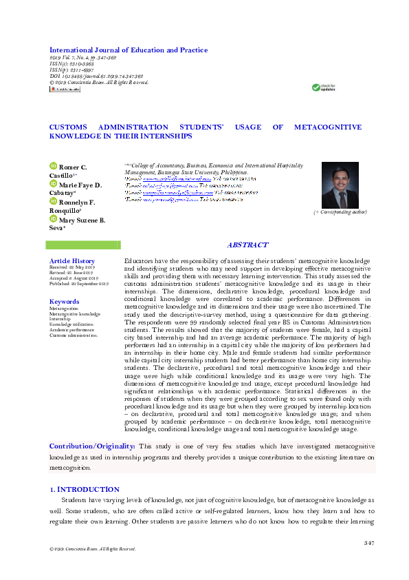 (PDF) Relationships between teachers’ metacognitive knowledge and students’ metacognitive ...