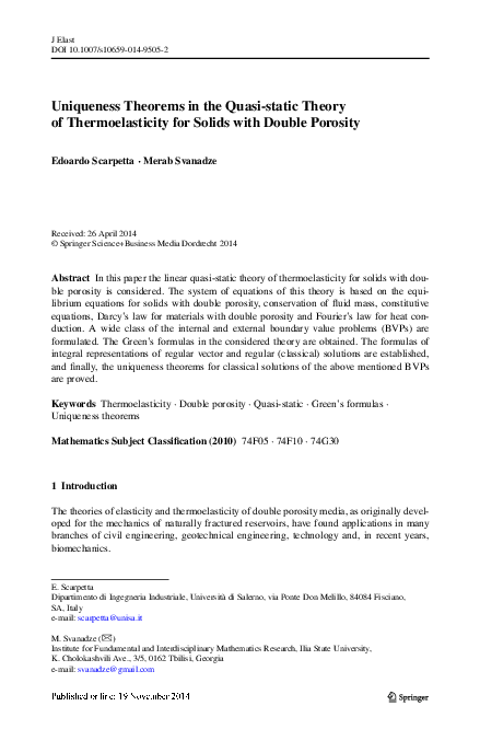 (PDF) Uniqueness Theorems in Quasi-static Thermoelasticity with Double Porosity