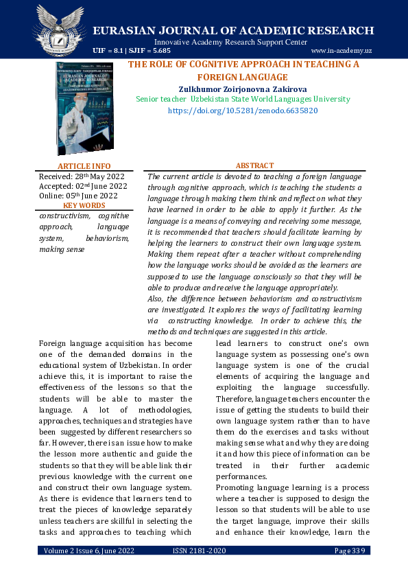 (PDF) The Role of Cognitive Approach in Teaching a Foreign Language