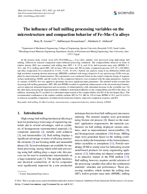 (PDF) The influence of ball milling processing variables on the microstructure and compaction ...