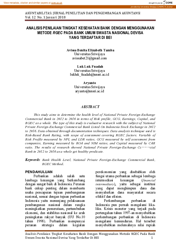(PDF) Analisis Penilaian Tingkat Kesehatan Bank Dengan Menggunakan ...