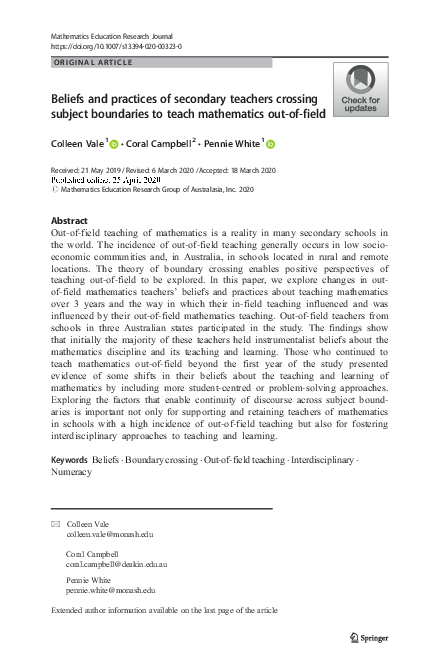 (PDF) Beliefs and practices of secondary teachers crossing subject boundaries to teach ...