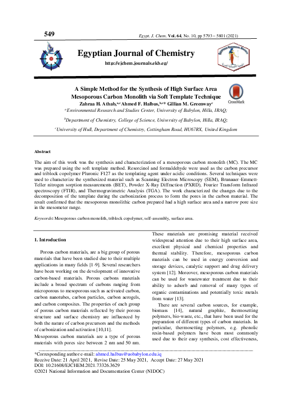 (PDF) A Simple Method for the Synthesis of High Surface Area Mesoporous Carbon Monolith via Soft ...