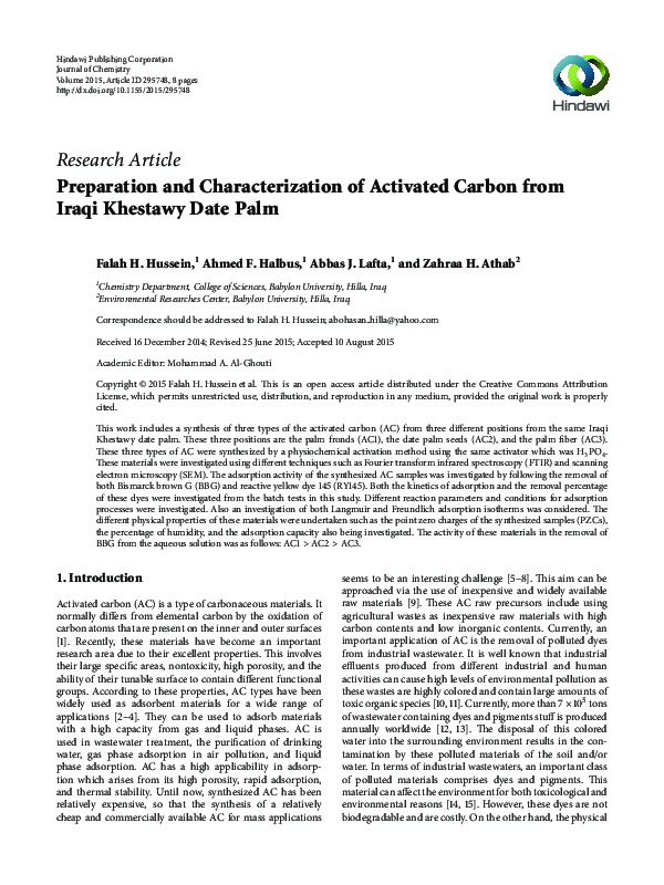 (PDF) Preparation and Characterization of Activated Carbon from Iraqi Khestawy Date Palm | Dr ...