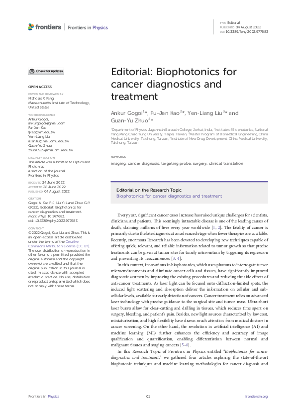 (PDF) Editorial: Biophotonics for cancer diagnostics and treatment