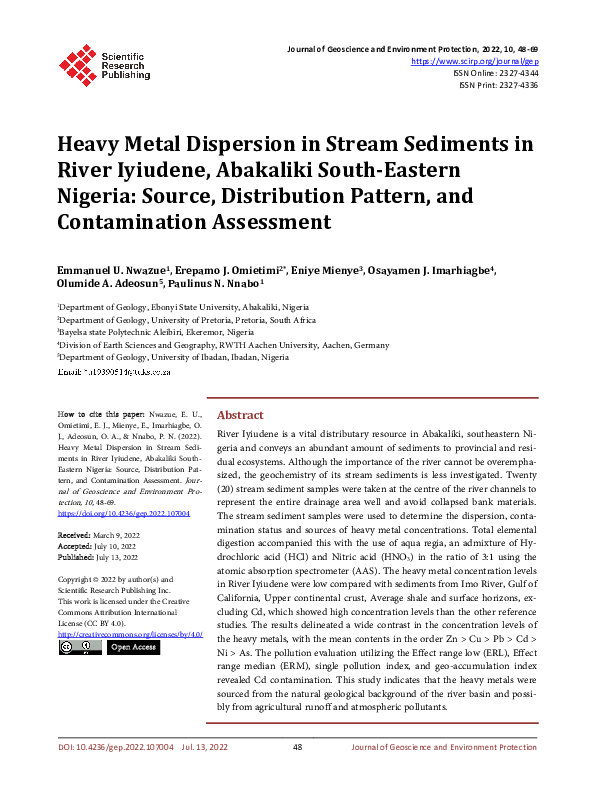 (PDF) Heavy Metal Dispersion in Stream Sediments in River Iyiudene ...