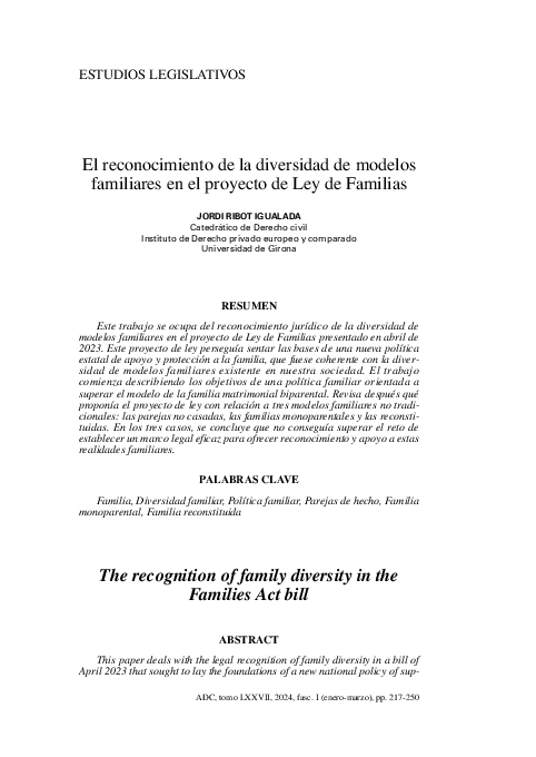 (PDF) El reconocimiento de la diversidad de modelos familiares en el proyecto de Ley de Familias
