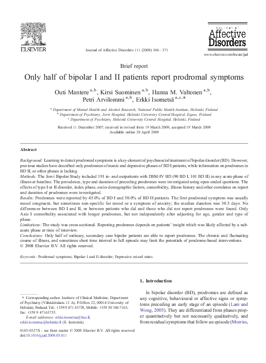 (PDF) Prodromal Symptoms in Bipolar Disorders