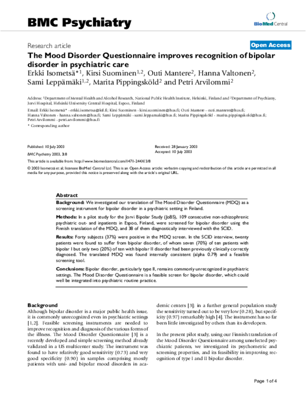 (PDF) The mood disorder questionnaire improves recognition of bipolar ...
