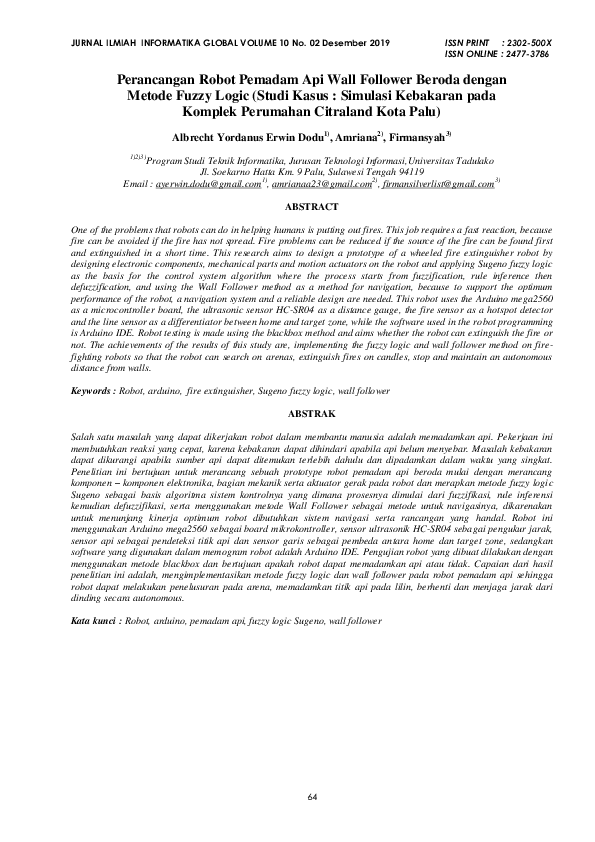 (PDF) Perancangan Robot Pemadam Api Wall Follower Beroda dengan Metode Fuzzy Logic (Studi Kasus ...