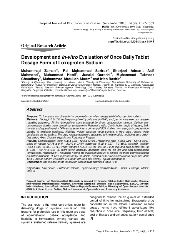 Pdf Development And In Vitro Evaluation Of Once Daily Tablet Dosage Form Of Loxoprofen Sodium
