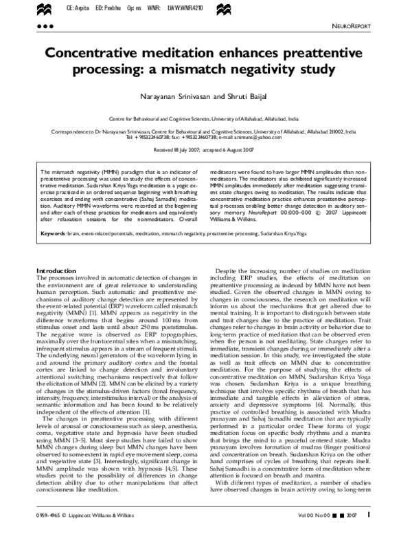 (PDF) Concentrative meditation enhances preattentive processing: a ...
