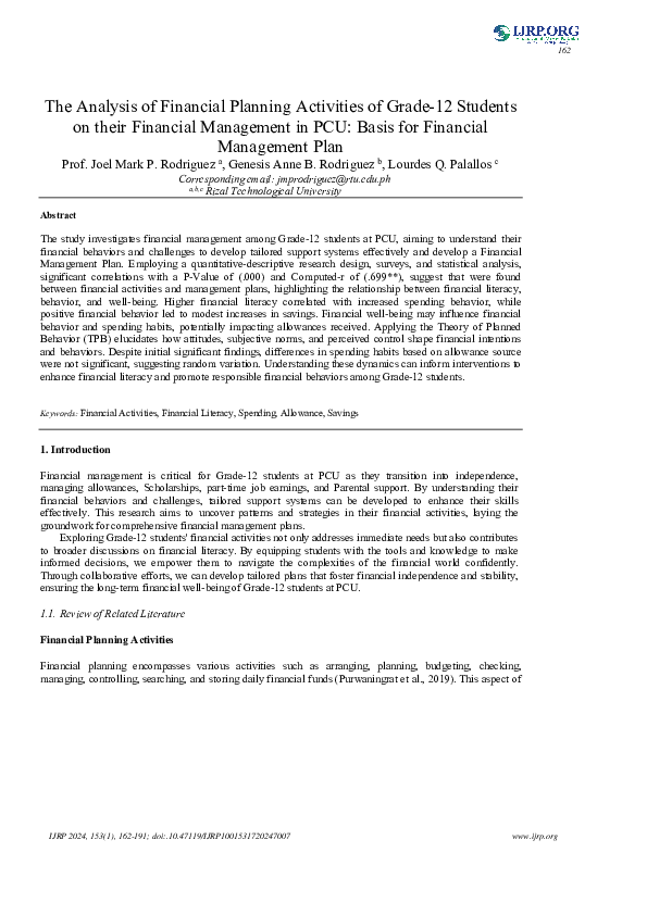 (PDF) The Analysis of Financial Planning Activities of Grade-12 ...