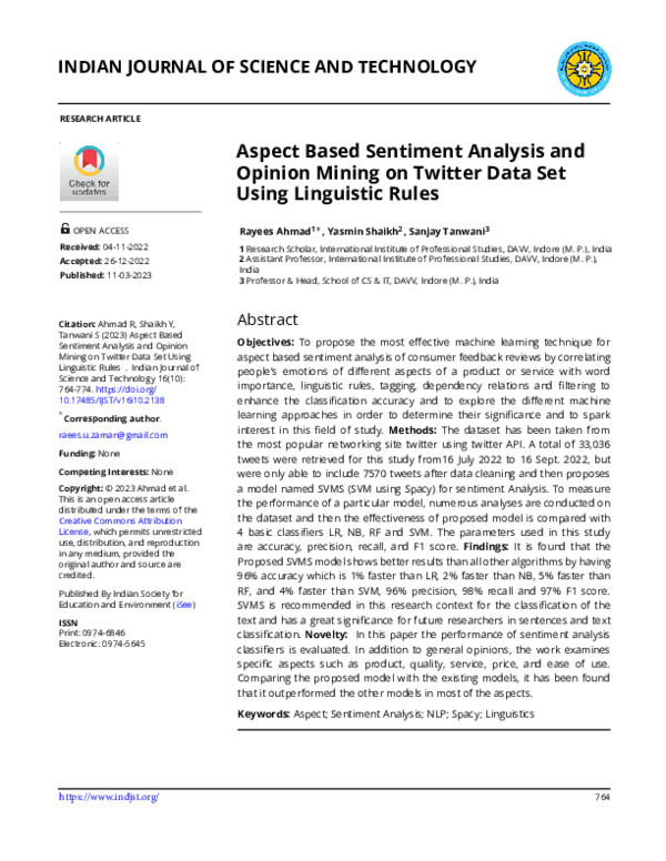 (PDF) Aspect Based Sentiment Analysis and Opinion Mining on Twitter Data Set Using Linguistic Rules