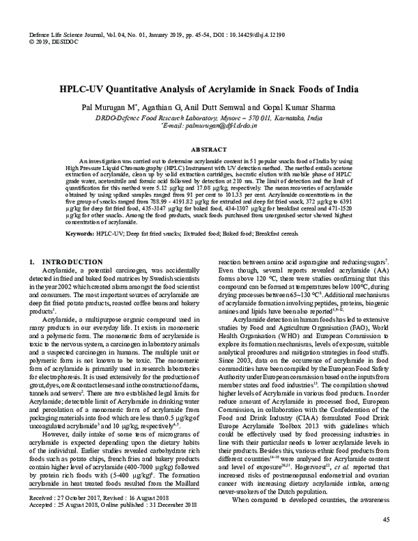 (PDF) HPLC-UV Quantitative Analysis of Acrylamide in Snack Foods of India