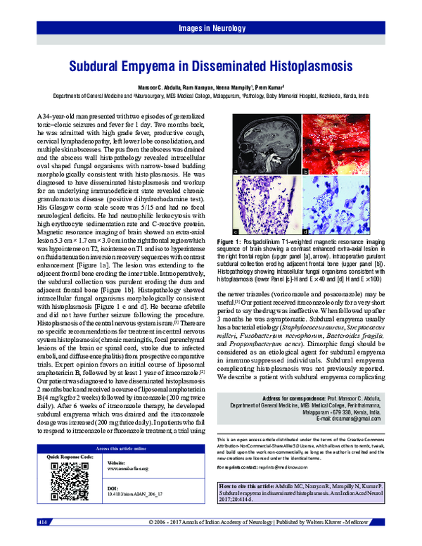 (PDF) Subdural Empyema in Disseminated Histoplasmosis | Mansoor Abdulla - Academia.edu