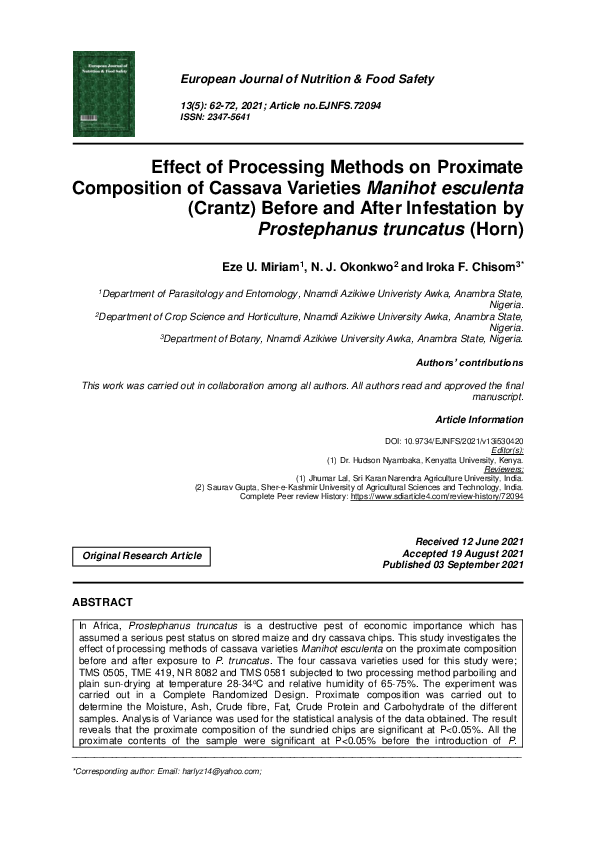 (PDF) Effect of Processing Methods on Proximate Composition of Cassava Varieties Manihot ...