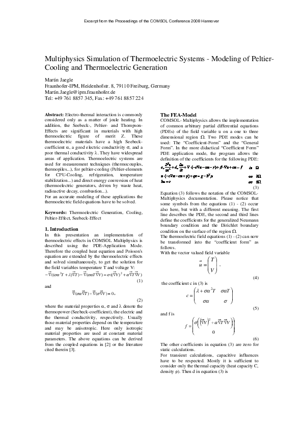 (PDF) Simulation of Thermoelectric Systems-Modeling of Peltier-Cooling and Thermoelectric Generation