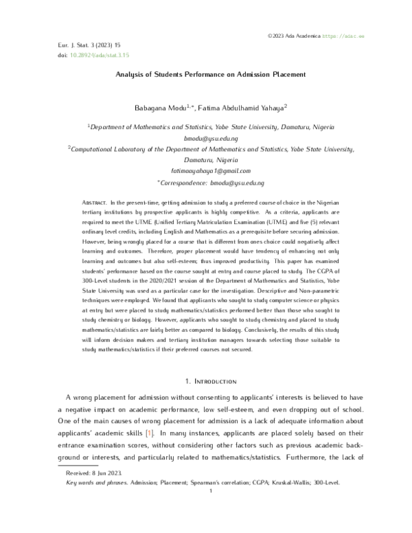 (PDF) Student Performance Analysis in Admission Placement