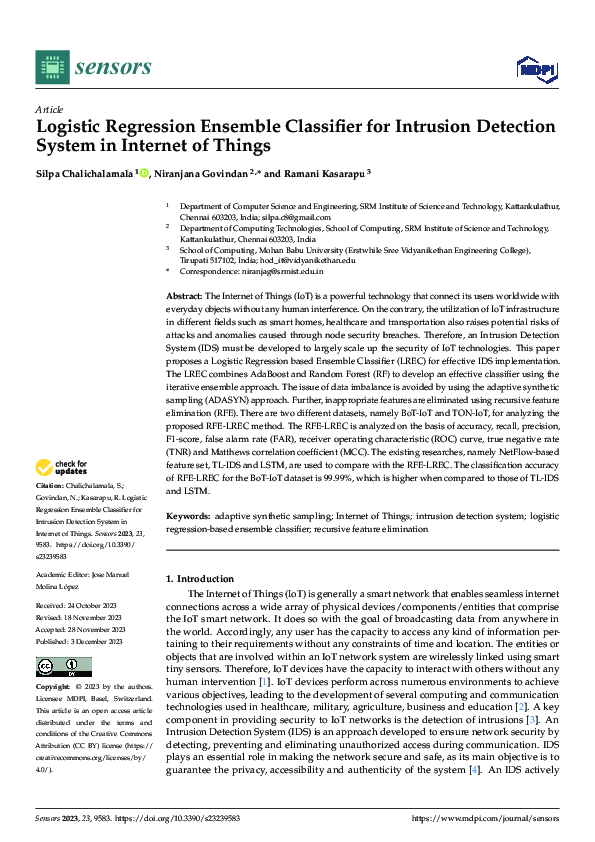 (PDF) Logistic Regression Ensemble Classifier for Intrusion Detection System in Internet of Things