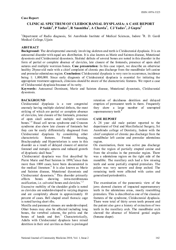 (PDF) CLINICAL SPECTRUM OF CLEIDOCRANIAL DYSPLASIA: A CASE REPORT