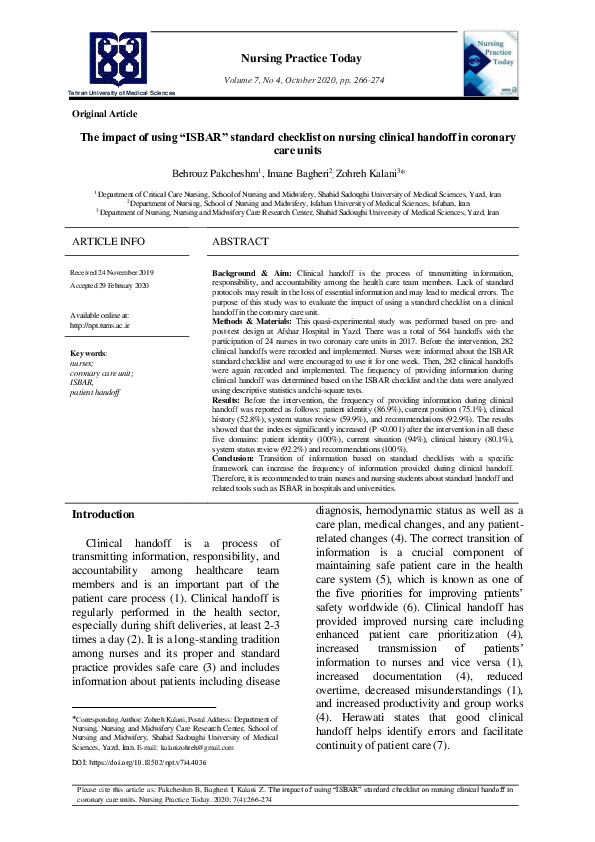(PDF) The impact of using “ISBAR” standard checklist on nursing ...