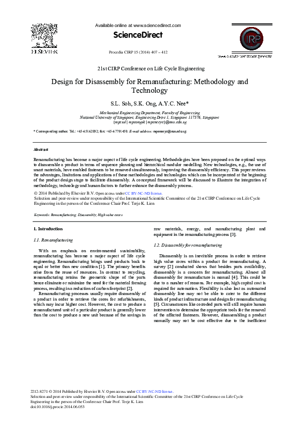 (PDF) Design for Disassembly for Remanufacturing: Methodology and ...
