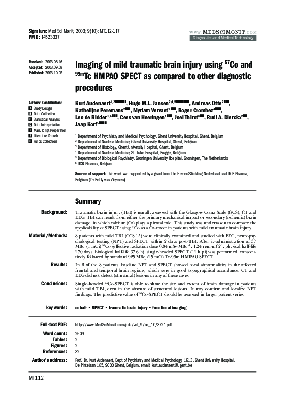 (PDF) Imaging of mild traumatic brain injury using 57Co and 99mTc HMPAO SPECT as compared to ...