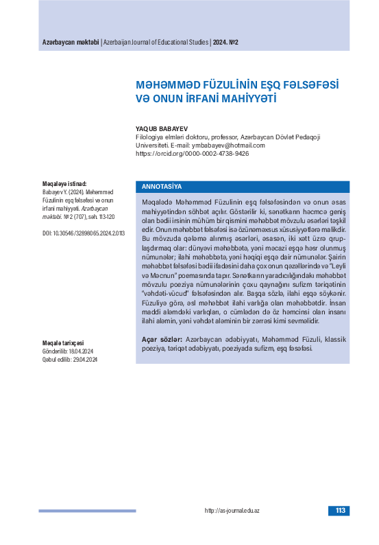 (PDF) MƏHƏMMƏD FÜZULİNİN EŞQ FƏLSƏFƏSİ VƏ ONUN İRFANİ MAHİYYƏTİ ...