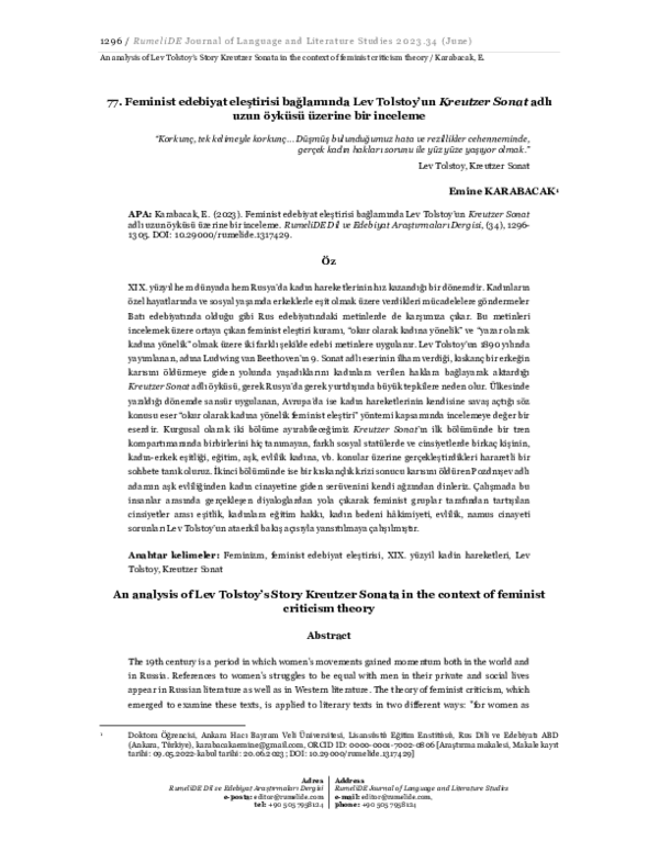 (PDF) Feminist edebiyat eleştirisi bağlamında Lev Tolstoy'un Kreutzer Sonat adlı uzun öyküsü ...