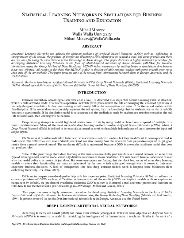 (PDF) Statistical Learning Networks in Simulations for Business Training and Education