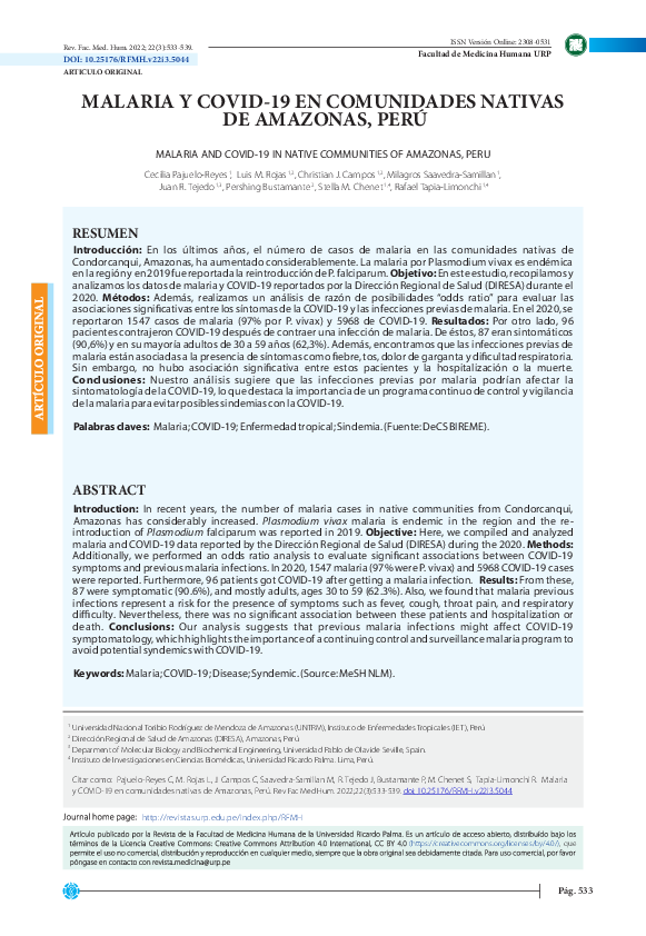 (PDF) Malaria and COVID-19 in native communities of Amazonas, Peru ...