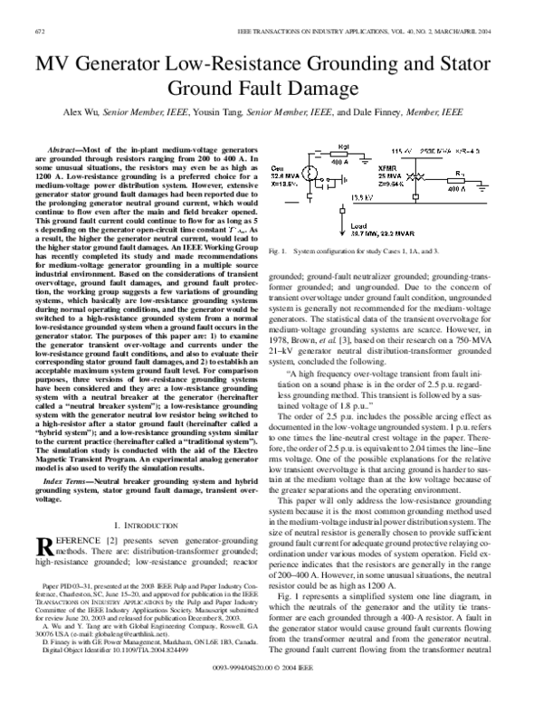 (PDF) MV Generator Low-Resistance Grounding and Stator Ground Fault Damage