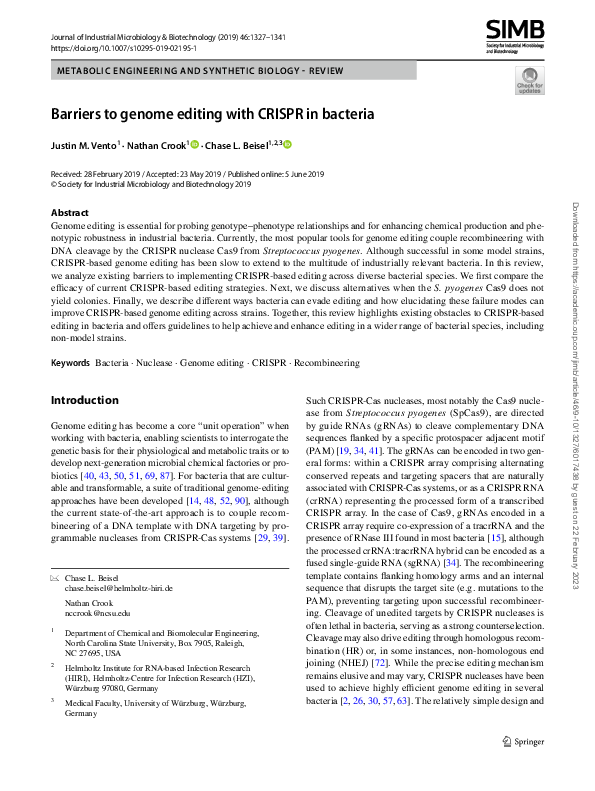 (PDF) Barriers to genome editing with CRISPR in bacteria | Nathan Crook ... (PDF) Barriers to genome editing with CRISPR in bacteria | Nathan Crook ...