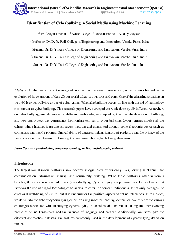 (PDF) Identification of Cyberbullying in Social Media using Machine ...