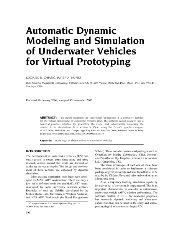 (PDF) Automatic dynamic modeling and simulation of underwater vehicles for virtual prototyping