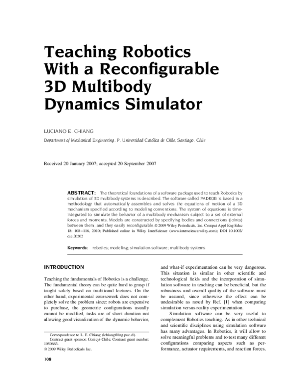 (PDF) Teaching Robotics with a reconfigurable 3D multibody dynamics simulator