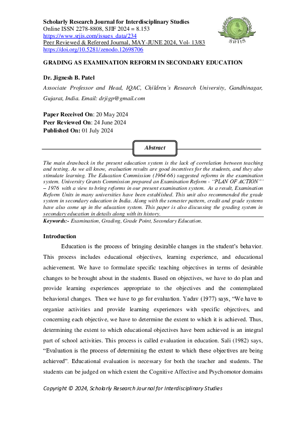 (PDF) GRADING AS EXAMINATION REFORM IN SECONDARY EDUCATION