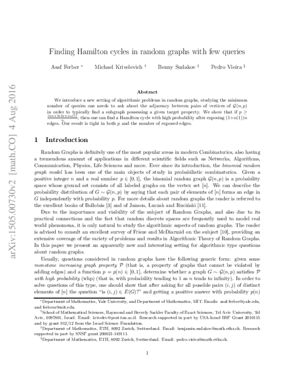 (PDF) Finding Hamilton cycles in random graphs with few queries