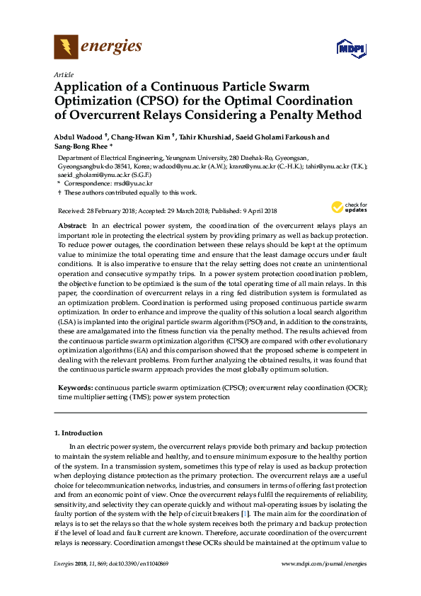 (PDF) Application of a Continuous Particle Swarm Optimization (CPSO) for the Optimal ...