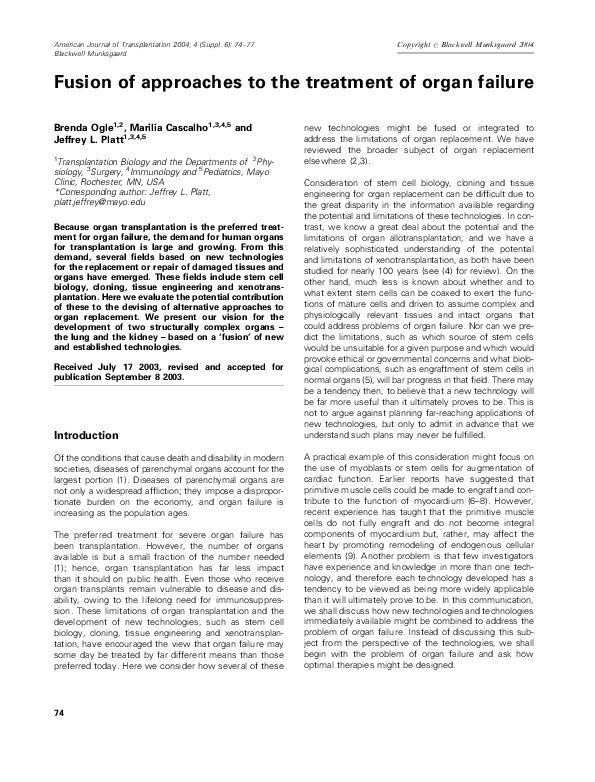(PDF) Fusion of approaches to the treatment of organ failure