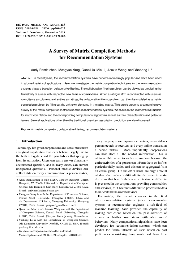 (PDF) A survey of matrix completion methods for recommendation systems